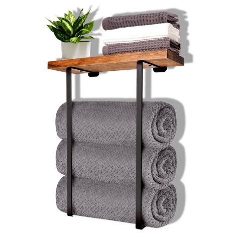 Joben Oligey Black Bathroom Wall Mount Towel Rack With Wooden Shelf