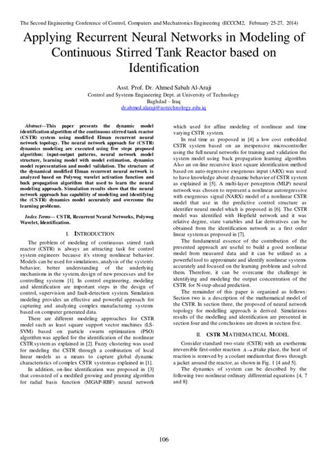 Pdf Applying Recurrent Neural Networks In Modeling Of Continuous Stirred Tank Reactor Based On