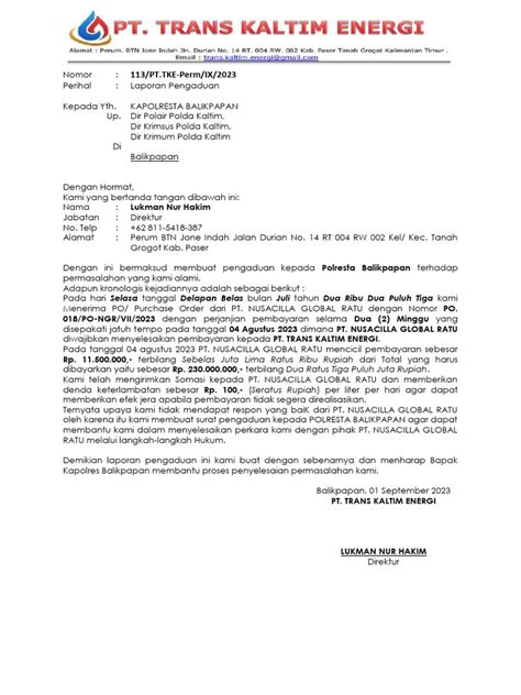 Pengaduan Pt Tke Pdf