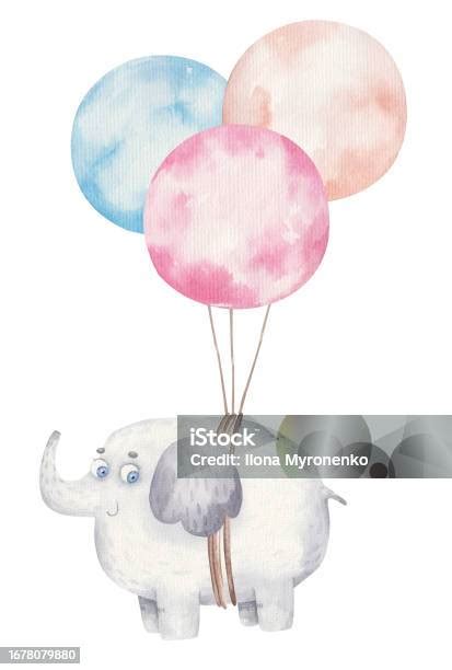 귀여운 만화 코끼리는 3개의 큰 둥근 풍선 파란색과 분홍색 흰색 배경에 어린이 수채화 그림 어린이 방 장식 인쇄물 0명에 대한 스톡 벡터 아트 및 기타 이미지 Istock