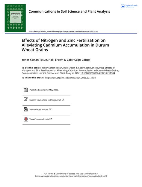 Pdf Nitrogen And Zinc Fertilization On Alleviating Cadmium Accumulation In Durum Wheat Grains