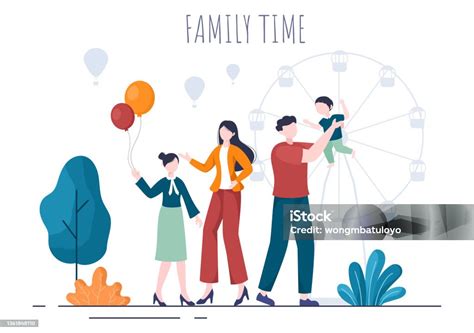 유쾌한 부모와 아이들의 가족 시간 함께 박에서 함께 시간을 보내고 다양한 편안한 활동을하고 만화 평면 일러스트레이션 포스터 또는 배경 가족에 대한 스톡 벡터 아트 및 기타