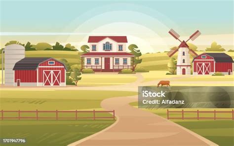 풍차와 농업 건물이 있는 시골 풍경 농지 화창한 날 벡터 시골 그림 0명에 대한 스톡 벡터 아트 및 기타 이미지 0명 가을 건초 식물 Istock