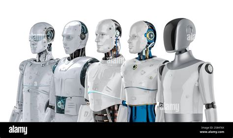 3d Rendering Group Of Assistant Robots Or Ai Cyborgs With Various