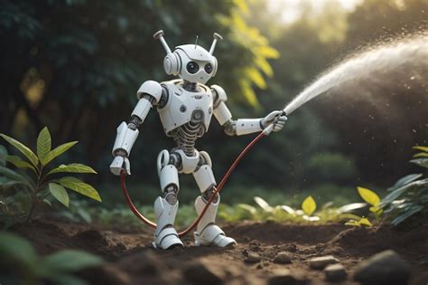 premium ai image robot watering plants in a garden with a hose