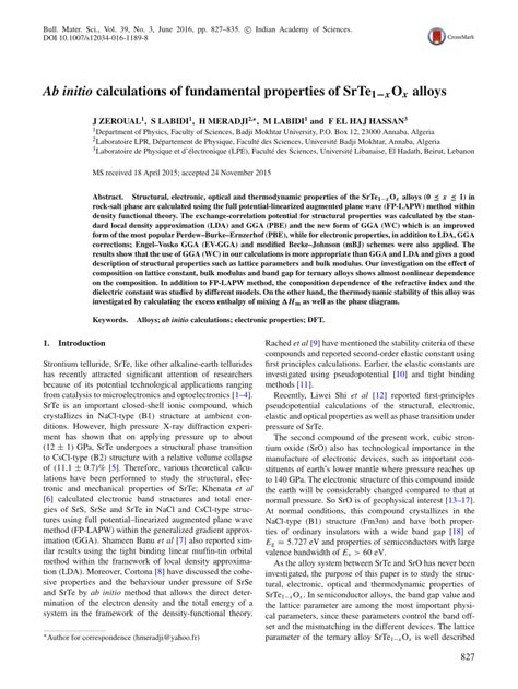 Pdf Ab Initio Calculations Of Fundamental Properties Of Srte1−x O X