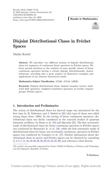 Disjoint Distributional Chaos In Fréchet Spaces Request Pdf