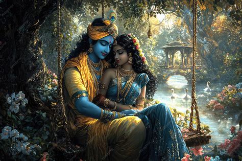 A Serene And Romantic Scene Of Lord Krishna And Radha Sitting Together On A Swing Under A Tree
