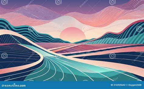 Surreal Digital Landscape With Vibrant Sunset And Wavy Patterns Vector Stock Illustration