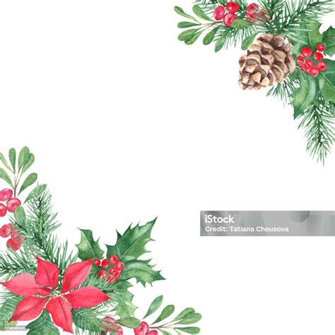 크리스마스 사각형 프레임 모서리 꽃다발과 테두리 솔방울과 가지 빨간 열매 포인세티아 카우베리 링곤베리가 있는 홀리 식물 새해와