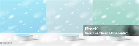 눈이 내리는 녹색 밝은 파란색 N 흰색 배경의 3d 원통형 연단 세트 메리 크리스마스 장면입니다 미니멀리스트 모형 받침대 추상 스탠드 제품 디스플레이 프리젠 테이션