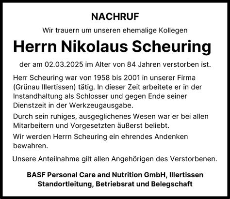 Traueranzeigen Von Nikolaus Scheuring Augsburger Allgemeine Zeitung