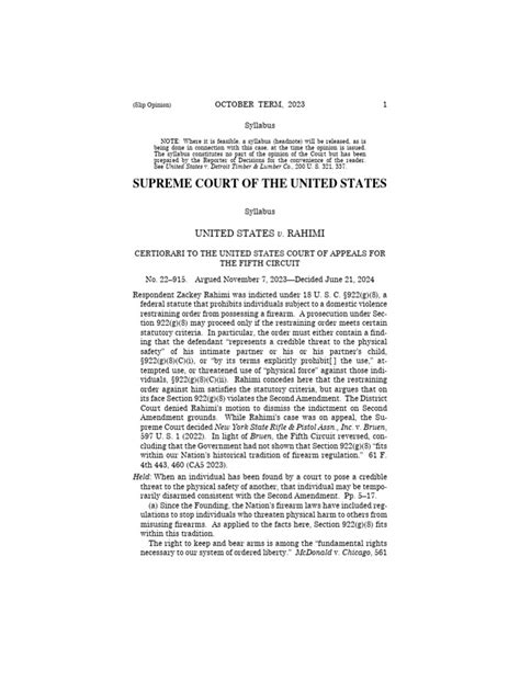 Us V Rahimi Supreme Court Opinion Pdf Second Amendment To The