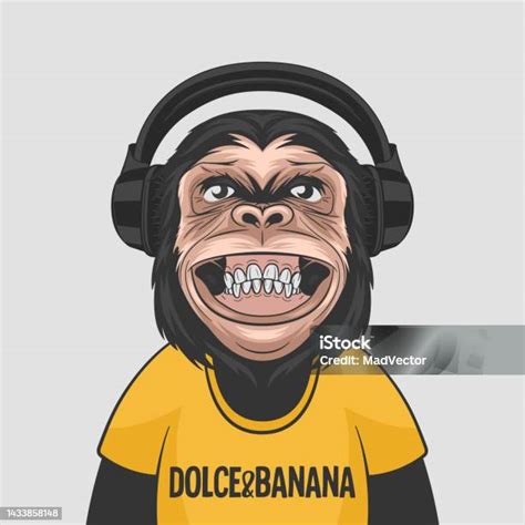 벡터 재미 웃는 침팬지 원숭이와 헤드폰 벽 예술을위한 행복한 원숭이 티셔츠 인쇄 포스터 만화 귀여운 침팬지 원숭이 원숭이에 대한 스톡 벡터 아트 및 기타 이미지 Istock