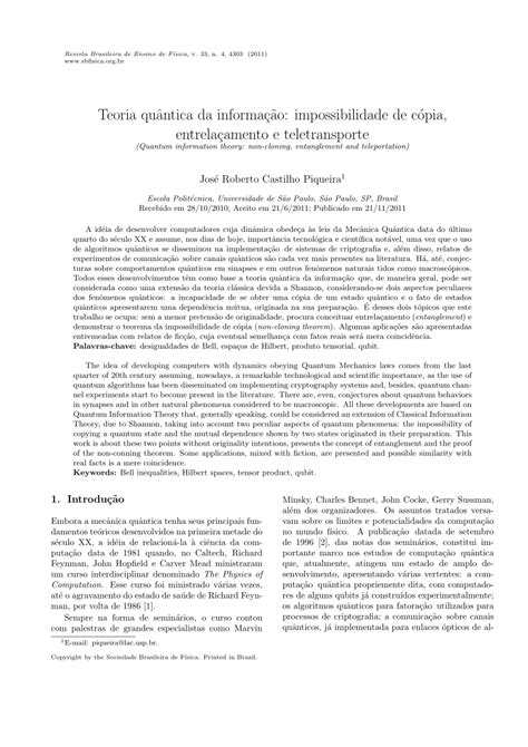Pdf Quantum Information Theory Non Cloning Entanglement And Teleportation