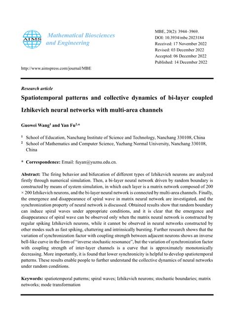 Pdf Spatiotemporal Patterns And Collective Dynamics Of Bi Layer Coupled Izhikevich Neural