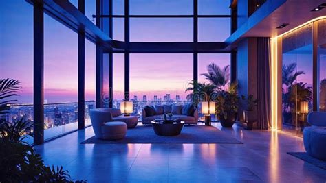 Luxurious Penthouse Lounge Overlooking Cityscape With Elegant Modern