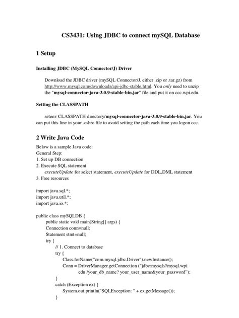Cs3431 Using Jdbc To Connect Mysql Database 1 Setup Pdf