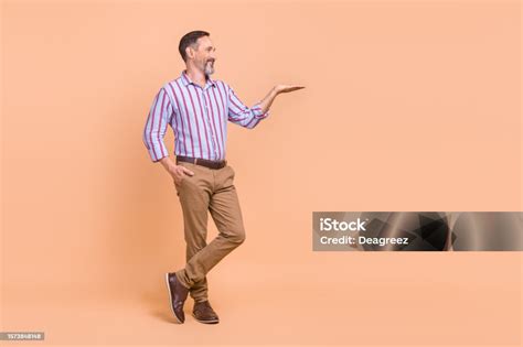 만족스런 쾌활한 남자의 전체 크기 사진은 손바닥에서 줄무늬 셔츠를 입고 베이지 색 배경에 격리 된 빈 공간을 제공합니다 45 49세에 대한 스톡 사진 및 기타 이미지