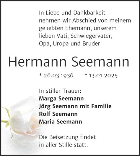 Traueranzeigen Von Hermann Seemann Abschied Nehmende