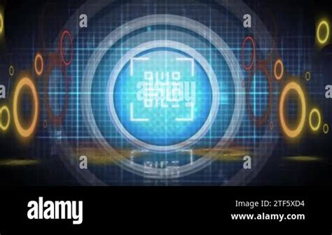 Animation Of Neon Circles Heart Rate Lines And Qr Code On Black And Blue Background Colour