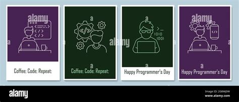 World Programmer Day Postcards With Linear Glyph Icon Set Greeting Card With Decorative Vector