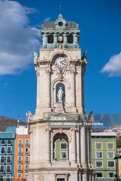Monumental Clock Tower On Central Square Aerial View Of Pachuca De Soto