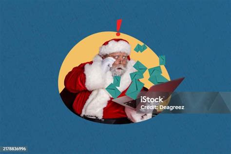 합성 트렌드 아트 워크 스케치 콜라주 메리 크리스마스 새해 휴일 축하 노인 남자 산타 클로스 충격 노트북 편지 봉투 꼬마 요정에 대한 스톡 사진 및 기타 이미지 Istock