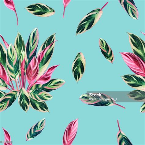 수채화 화는 다채로운 열대 녹색 핑크 잎 원활한 패턴 배경 수채화 손으로 그린 일러스트 트로피아 이국적인 잎 인쇄 벽지 직물 하와이 알로하 여름 스타일 0명에 대한 스톡