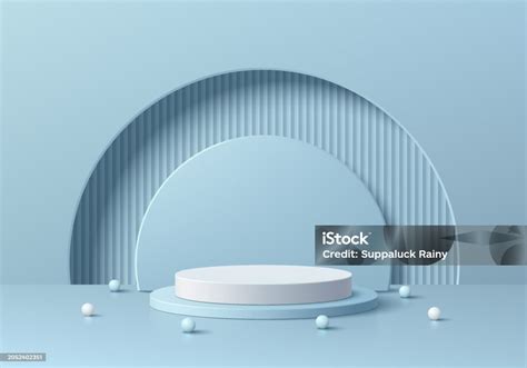 파란색 흰색 연단 제품 디스플레이가 있는 3d 배경 반원 게이트 및 구 볼 장면 플랫폼 모형 제품 디스플레이 프레젠테이션