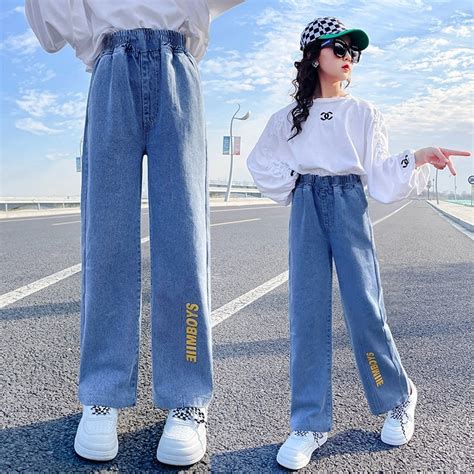 Girls New Style Straight Jeans Spring Autumn Loose Wide Leg Pants