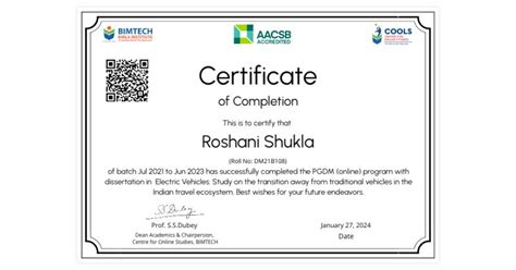 Roshani Shukla Dissertation Completion Certificate Birla Institute Of Management Technology