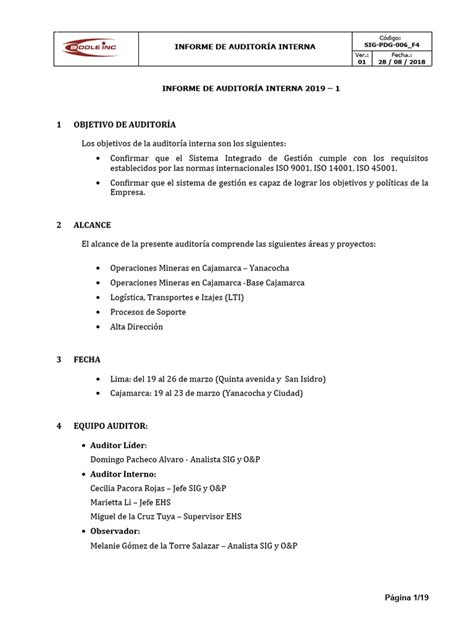 S13s1 Informe De Auditoria Interna Sig 2019 Pdf Auditoría