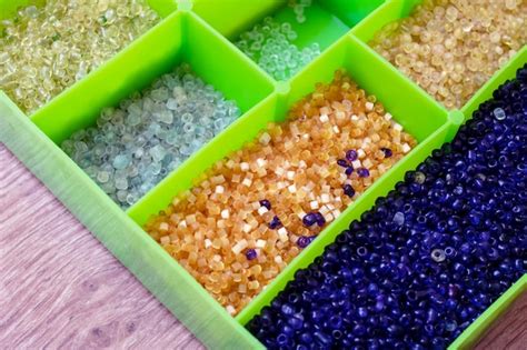 Colorful Beads In Containers Close Up Handicrafts Premium Photo