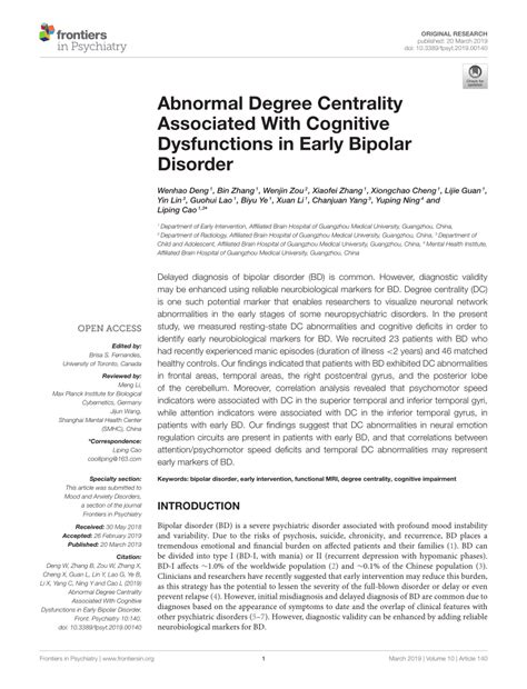Pdf Abnormal Degree Centrality Associated With Cognitive Dysfunctions In Early Bipolar Disorder