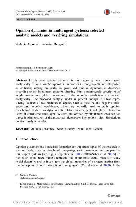 Opinion Dynamics In Multi Agent Systems Selected Analytic Models And Verifying Simulations
