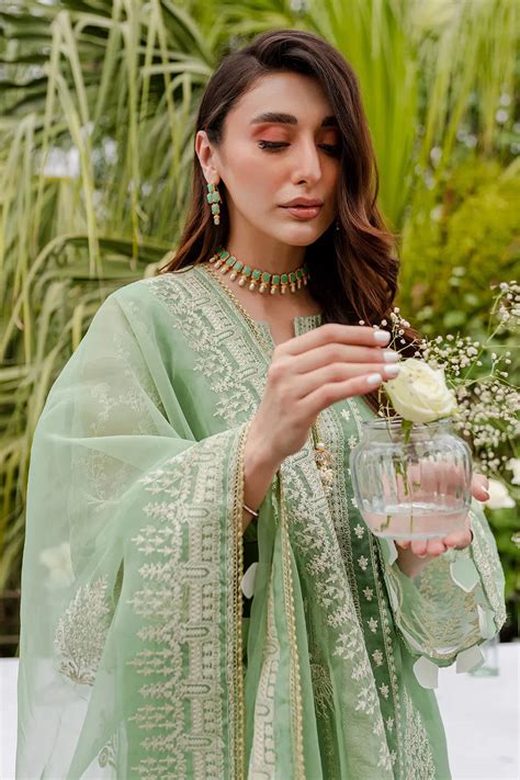4 Piece Zoe Pastel Green Organza Embroidered Suit Rashid Tex