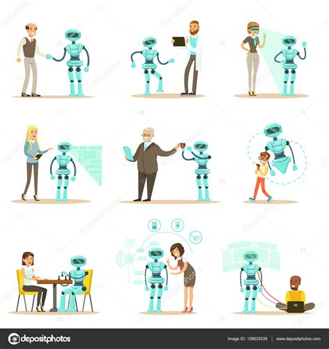 Smiling People And Robot Assistant Set Of Characters And Service Android Companion Stock Vector