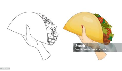 야채와 고기와 함께 손에 타코 초등학교를 위한 어린이 색칠하기 책입니다 전통적인 멕시코 파스 푸드 라틴 아메리카 요리 향기로운 또띠아 벡터 그림입니다 0명에 대한 스톡 벡터