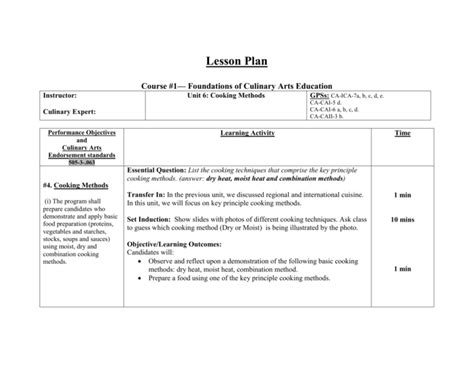 Cooking Method Lesson Plan