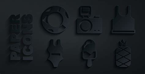 세트 아이스크림 민소매 티셔츠 수영복 파인애플 플래시 및 고무 수영 반지 아이콘이있는 사진 카메라 벡터 3차원 형태에 대한 스톡 벡터 아트 및 기타 이미지 Istock