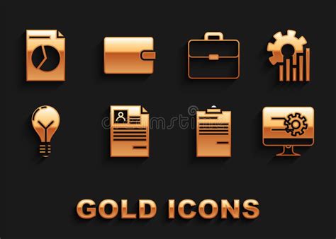 Set Resume Pie Chart Infographic Computer Monitor With Document Light Bulb Concept Of Idea