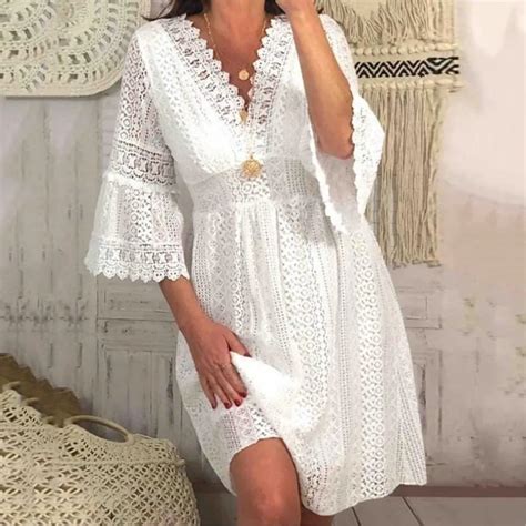 Элегантное белое кружевное платье женское сексуальное платье трапециевидной формы с V образным