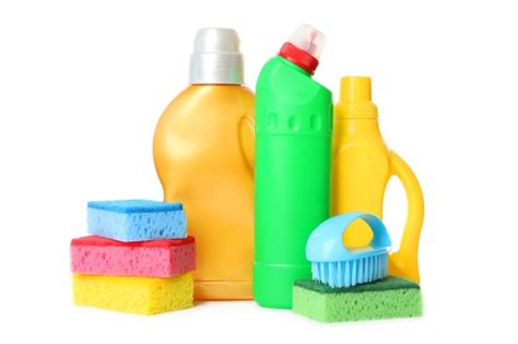 Premium Photo Set Of Tools For Cleaning And Disinfection Isolated On White