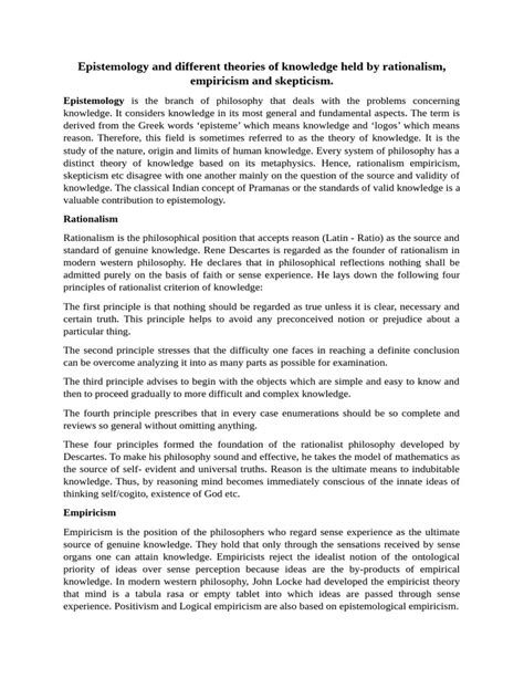 Epistemology And Different Theories Of Knowledge Held By Rationalism Empiricism And Skepticism