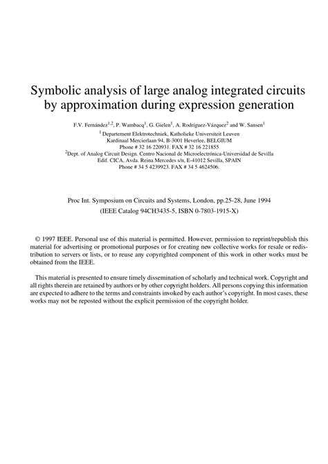 Pdf Symbolic Analysis Of Large Analog Integrated Circuits By Approximation During Expression