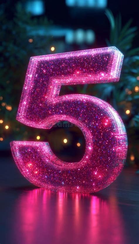 Glowing Pink Number 5 With Sparkles Illuminated By Neon Lights On A