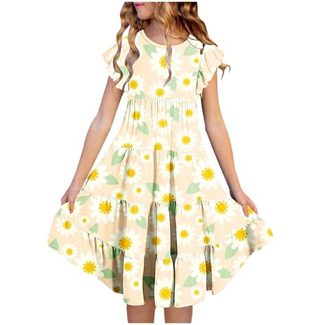 Tdoqot Girls Floral Dresses Casual Summer Cute Short Sleeve Flowy
