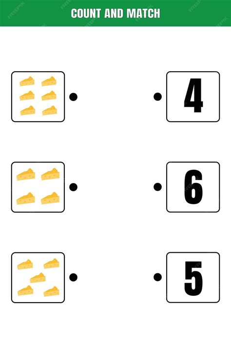 숫자를 세고 짝을 맞추는 어린이를 위한 교육용 수학 게임 미취학 아동을 위한 인쇄 가능한 워크시트 디자인 프리미엄 벡터