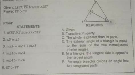 solved t given delta set overline ve bisects ∠ set prove et tv proof